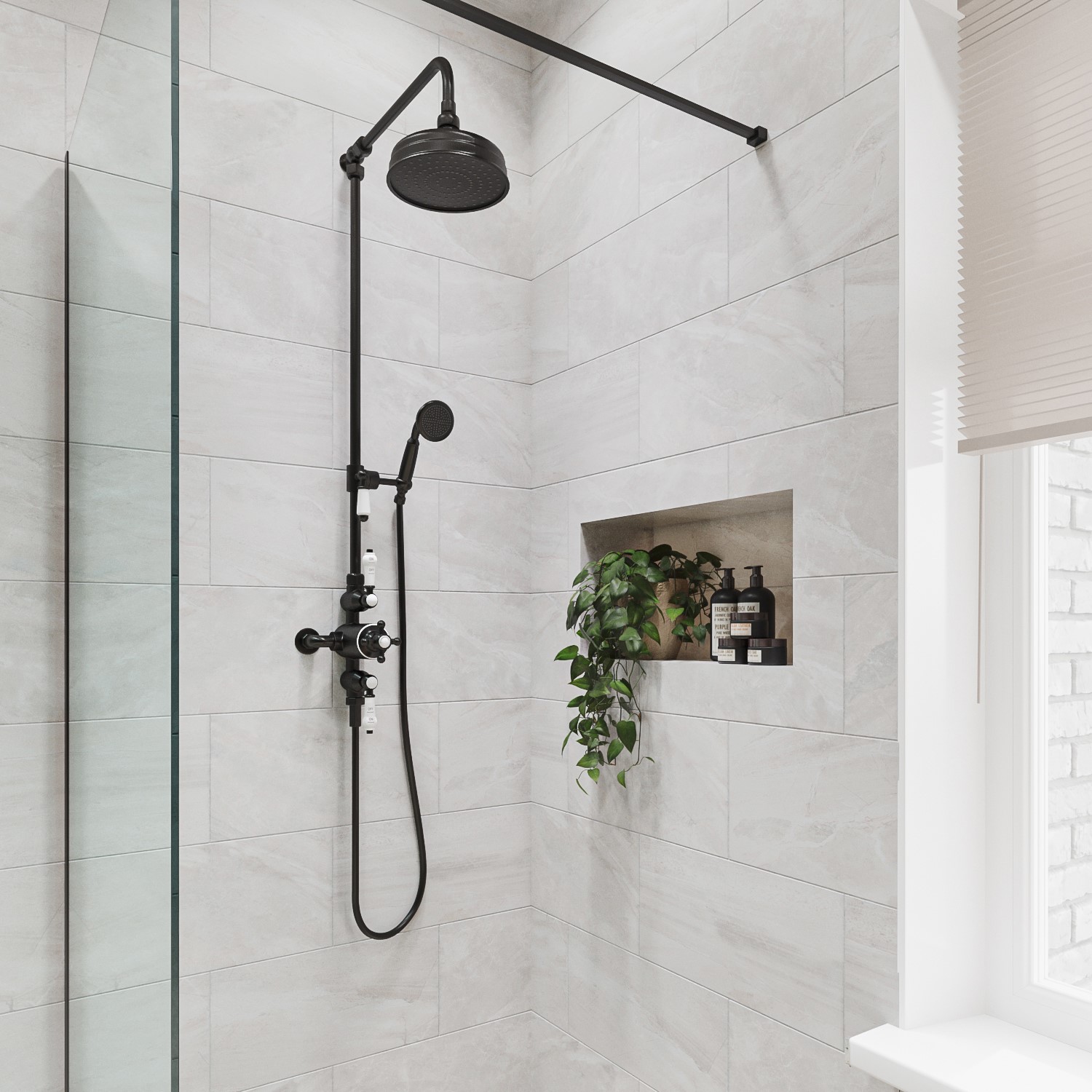 Black Traditional Thermostatic Shower with Round Overhead & Handset ...