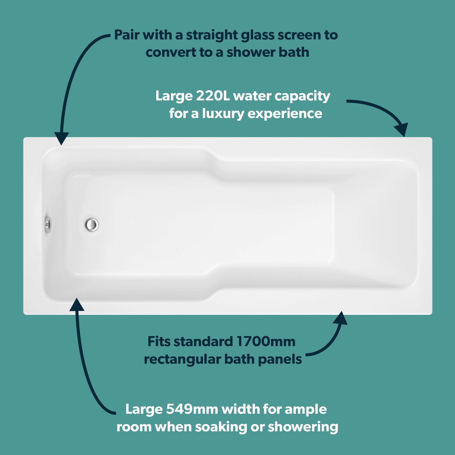 1700 x 750 Cotswold Shower Bath - Better Bathrooms