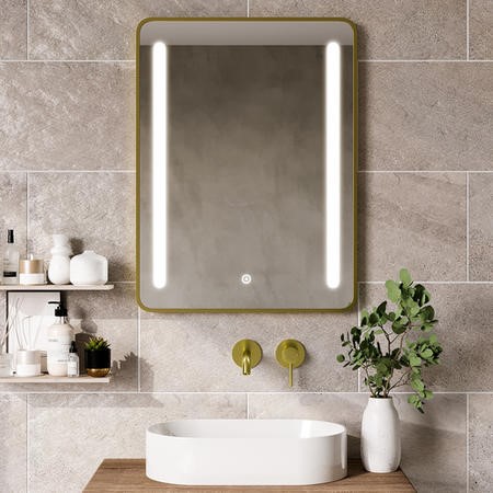 Rectangular Brass Heated Bathroom Mirror with Lights 600 x 800mm Lepus Better Bathrooms