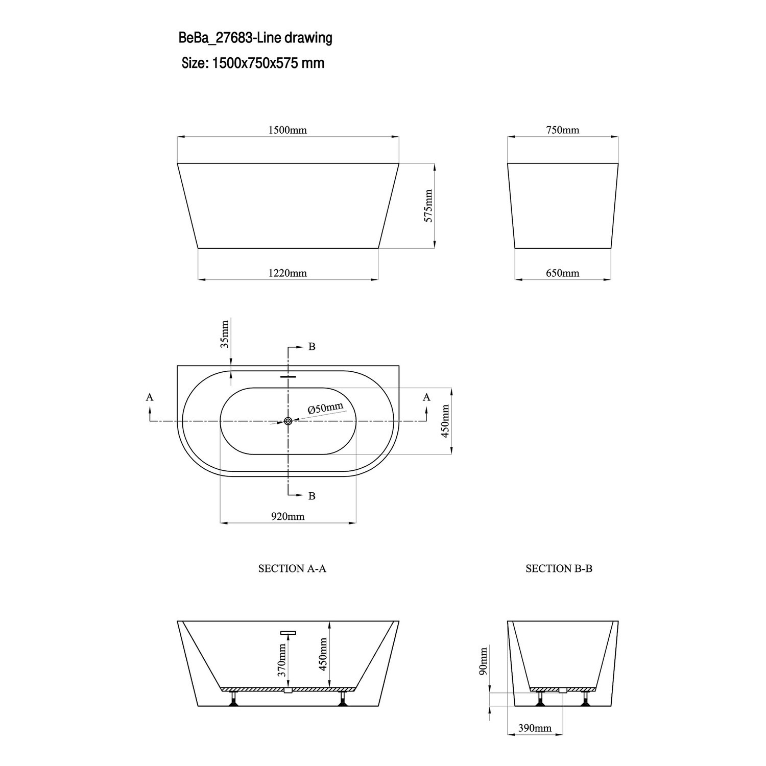 Grey Freestanding Double Ended Back to Wall Bath 1500 x 750mm - Gable ...