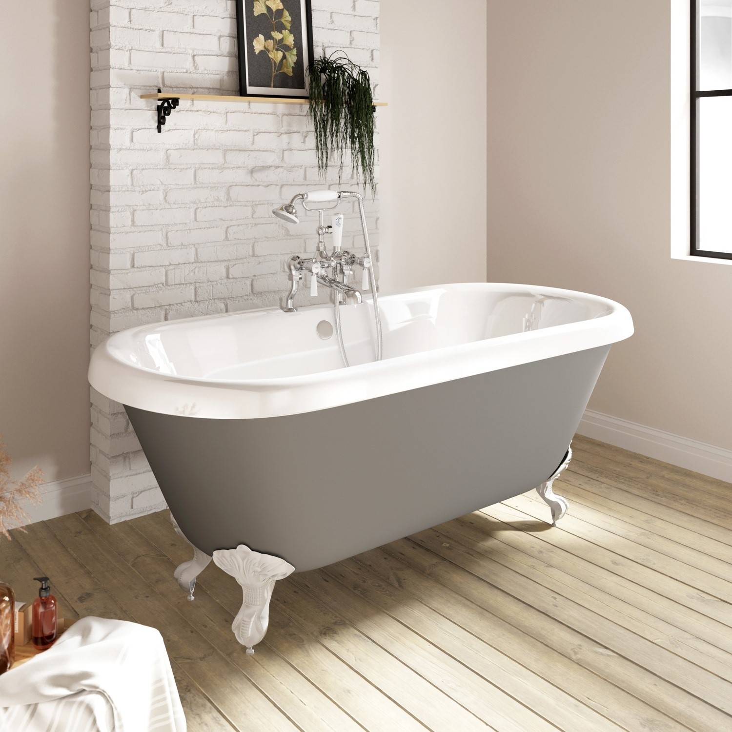 Grey Freestanding Double Ended Roll Top Slipper Bath with White Feet ...