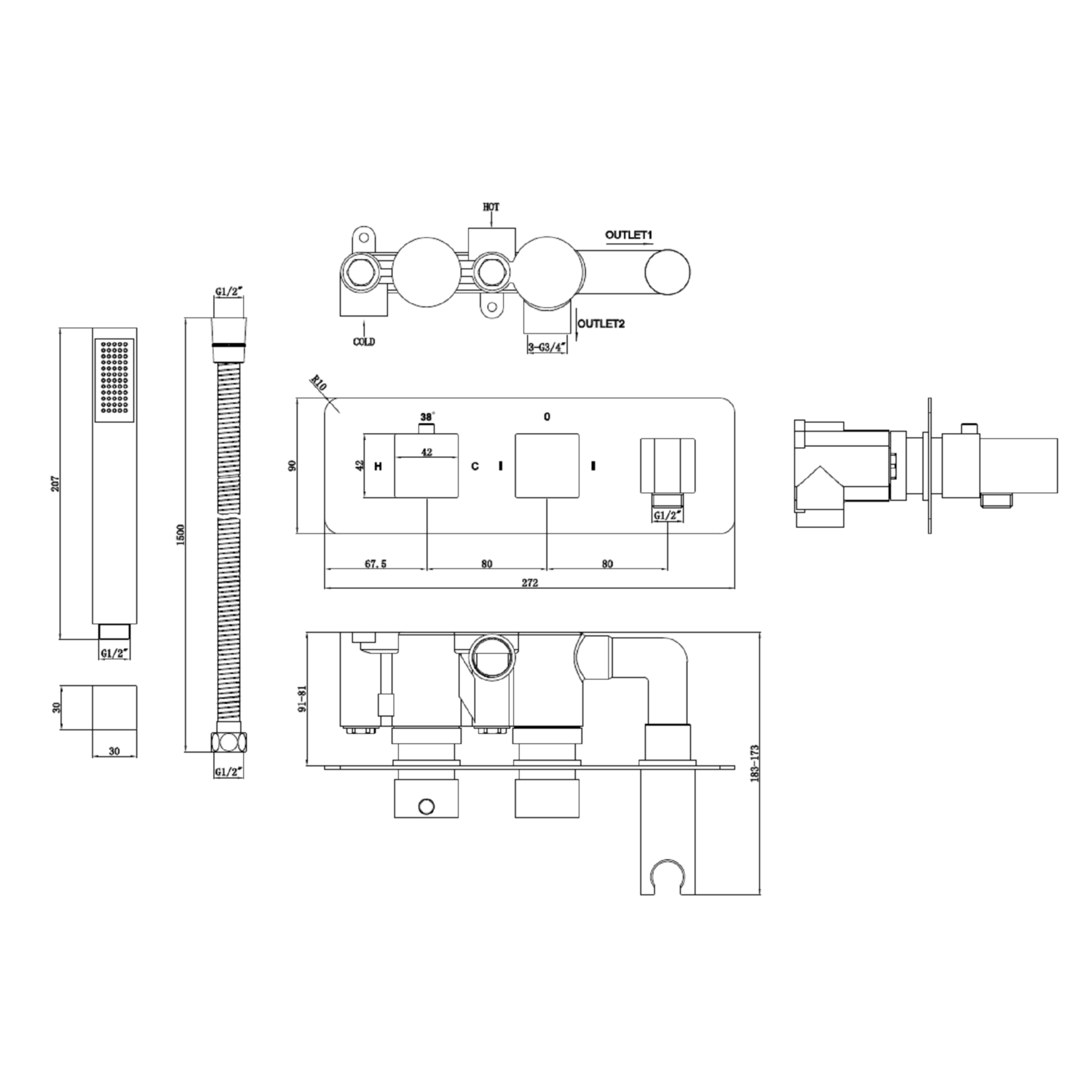 Cube Square Thermostatic Concealed Shower Valve with Handset - 2 Outlet ...