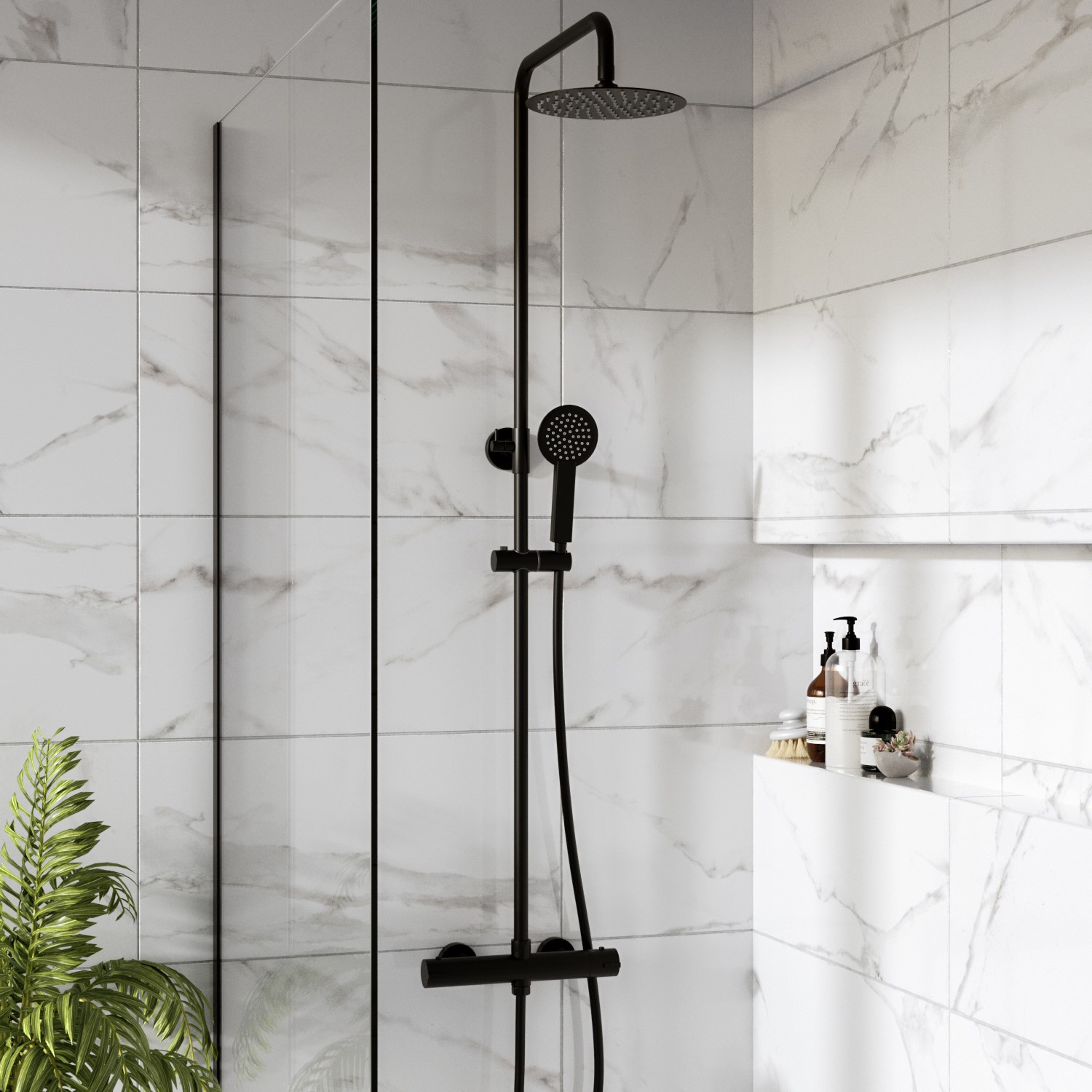Black Thermostatic Mixer Shower with Round Overhead & Handset - Arissa ...