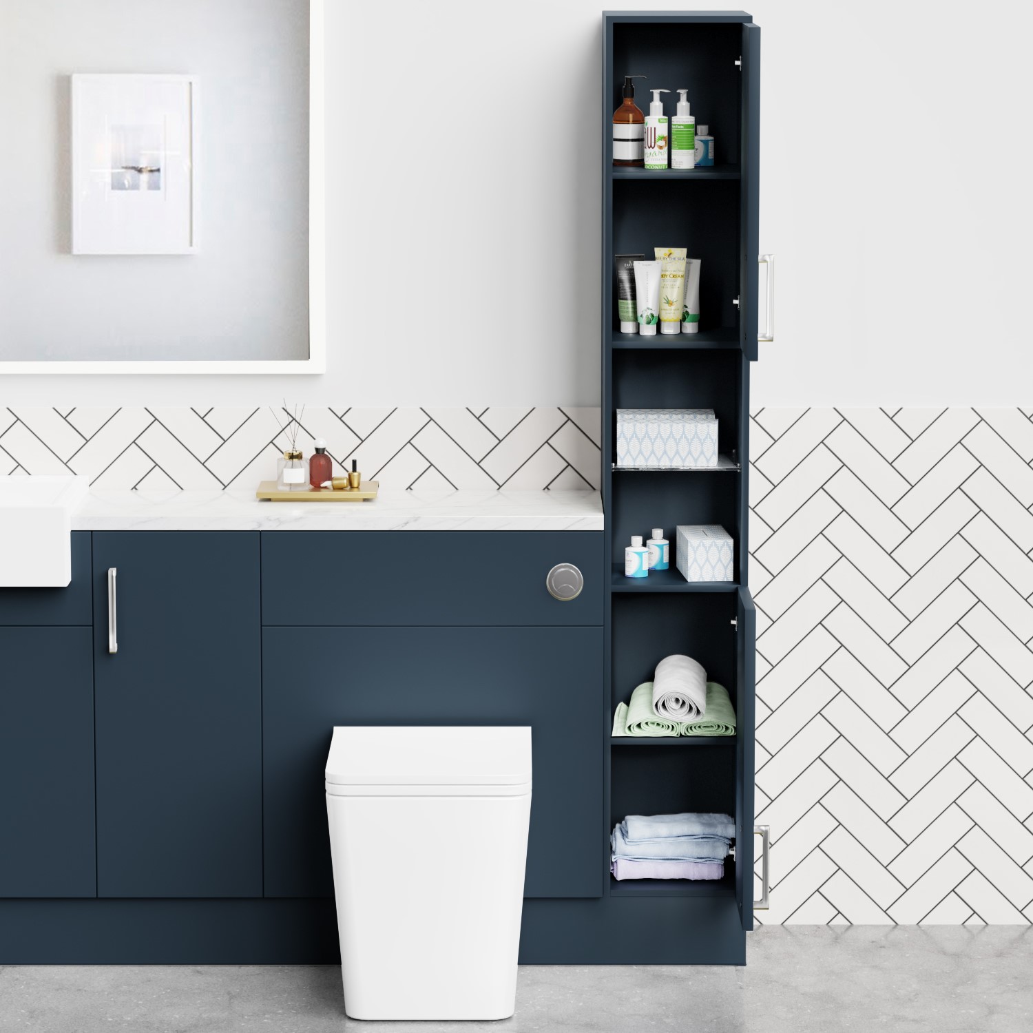 GRADE A1 - 1800mm - 2100mm Blue Toilet and Sink Unit with Tall Cabinet ...