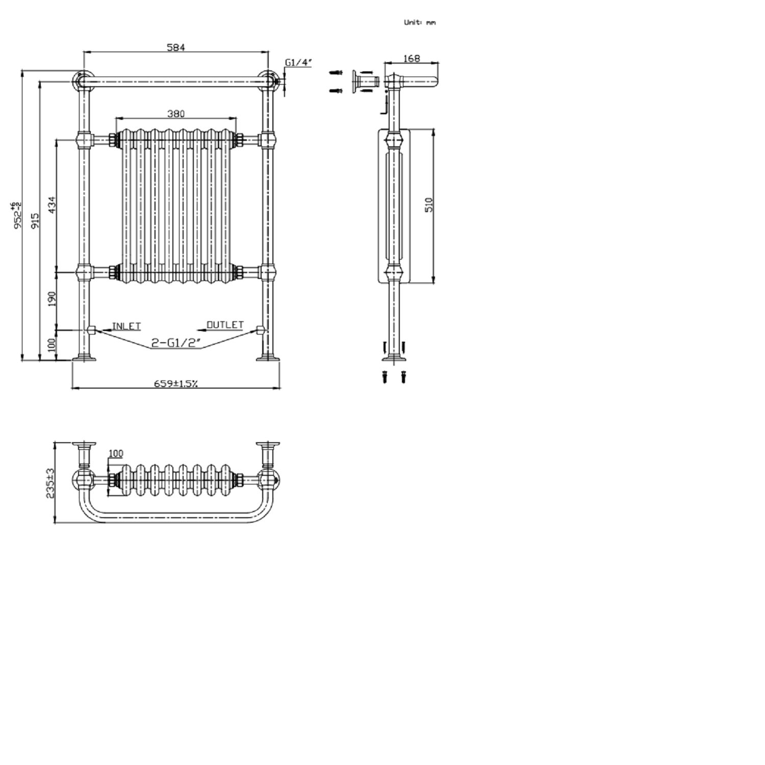White and Black Traditional Column Radiator with Towel Rail 952 x 659mm ...