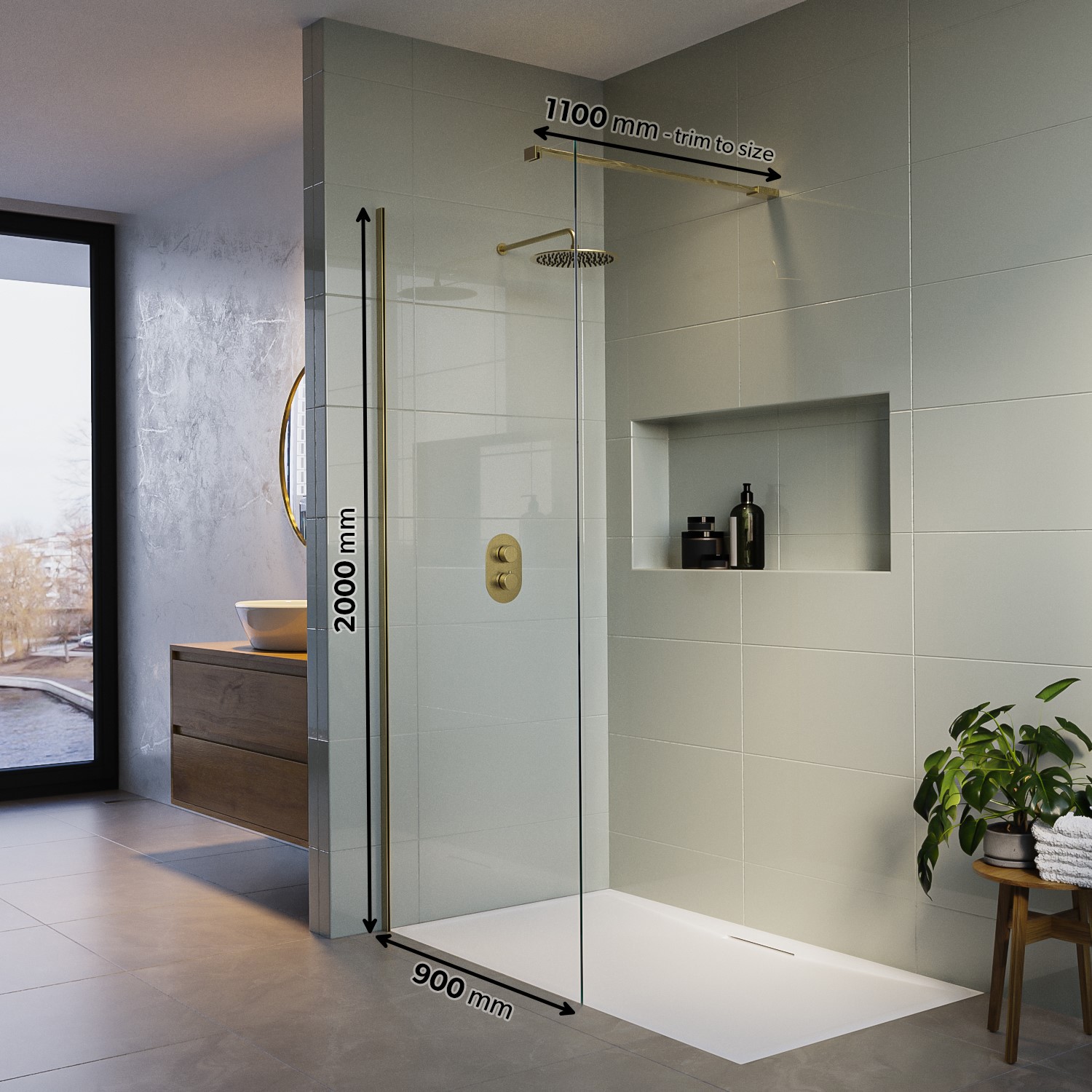 900mm Brushed Brass Frameless Wet Room Shower Screen - Better Bathrooms