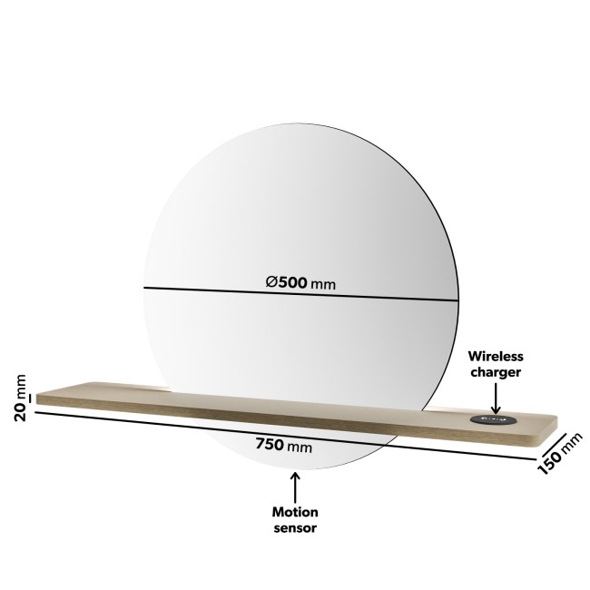 Round Backlit LED Heated Bathroom Mirror with Oak Shelf - 500mm - Ersa ...
