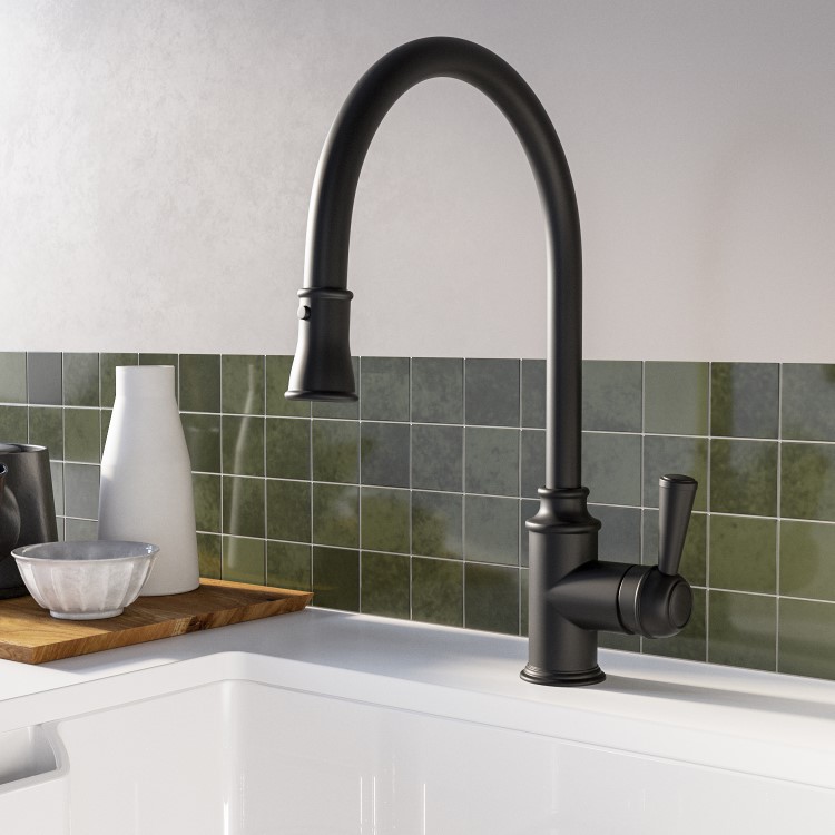 Evelyn Traditional Single Lever Monobloc Pull Out Kitchen Tap- Black ...