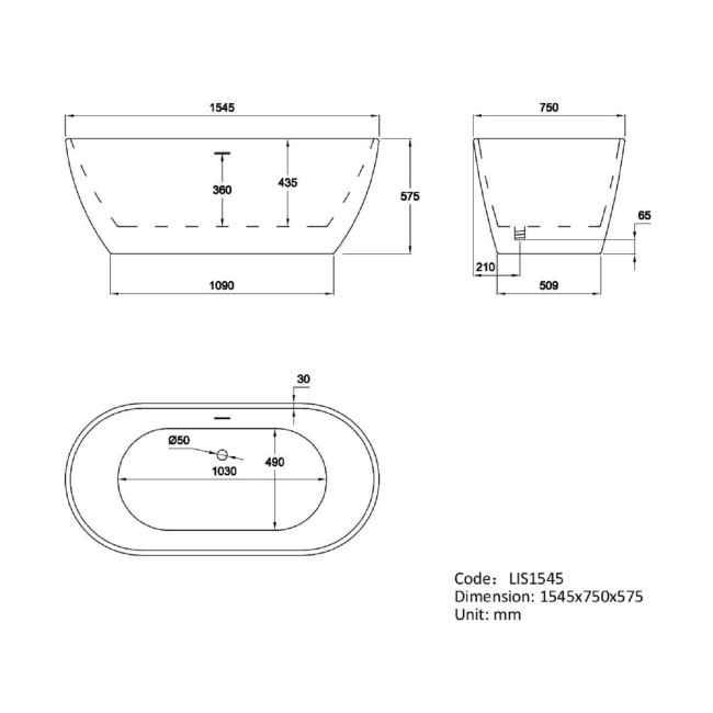 Freestanding Double Ended Bath 1545 x 750mm - Lisbon - Better Bathrooms