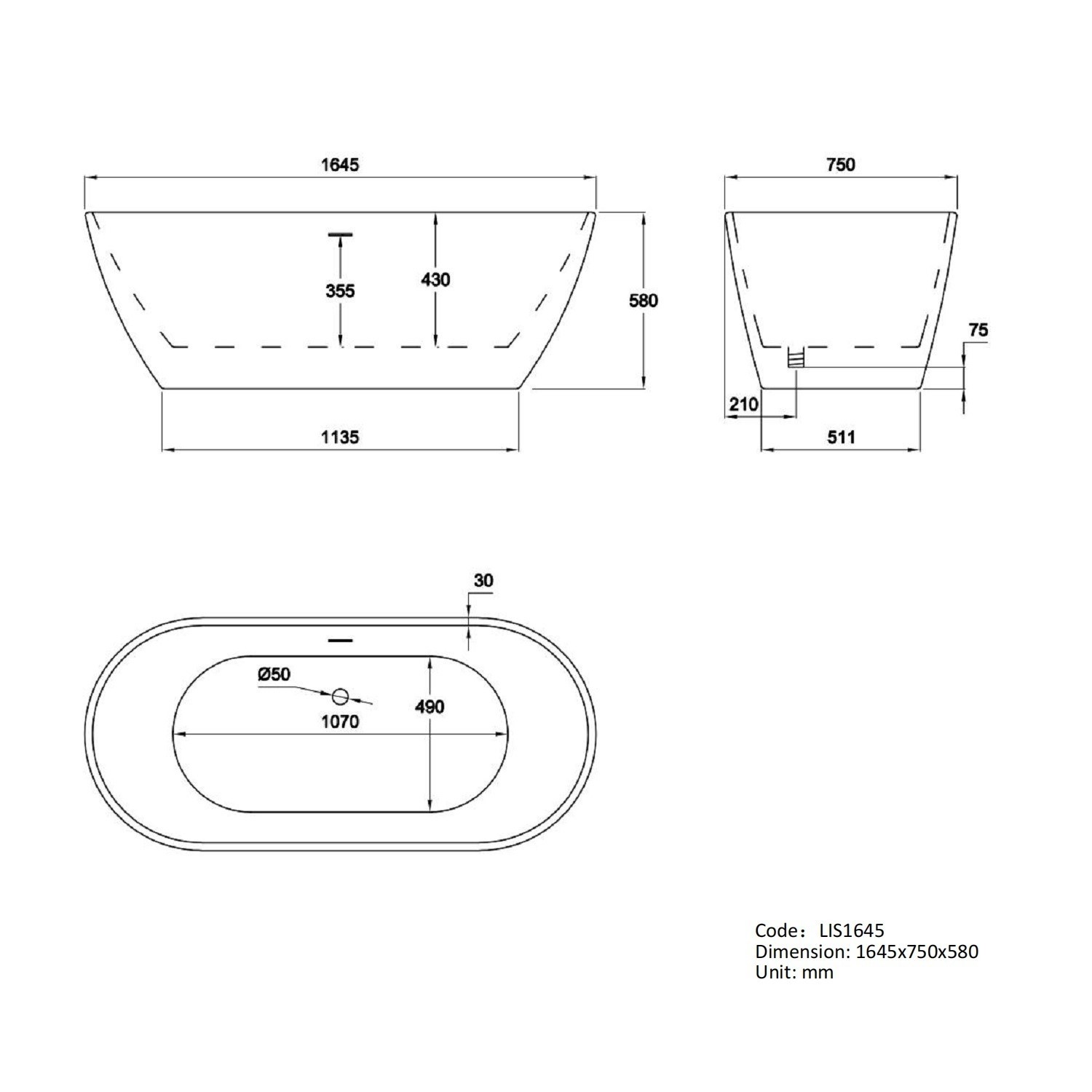 Freestanding Double Ended Bath 1645 x 750mm - Lisbon - Better Bathrooms