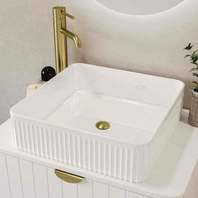 White Square Fluted Countertop Basin 410mm - Oregon - Better Bathrooms