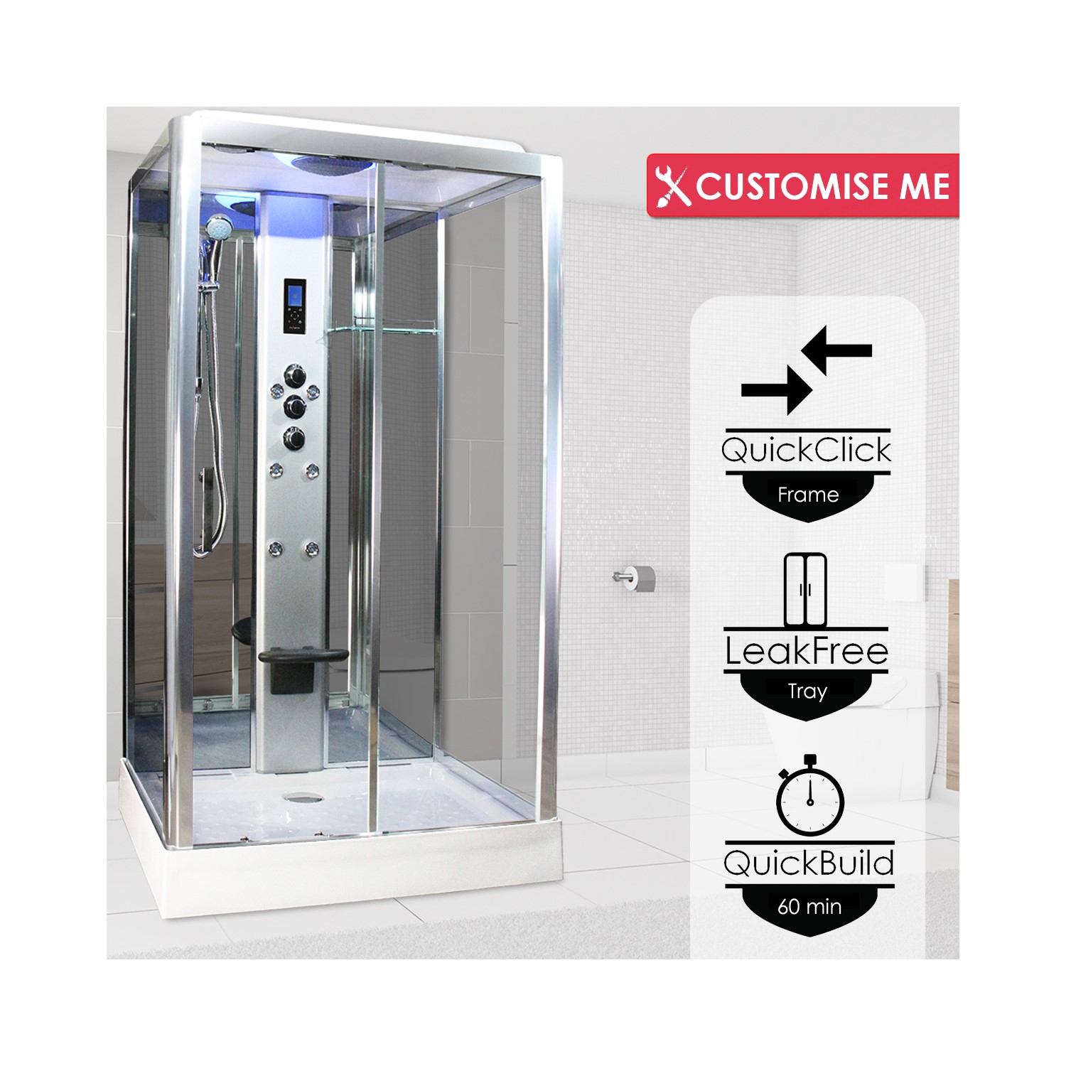 Insignia Premium Rectangular Shower Cabin with 6 Body Jets and ...