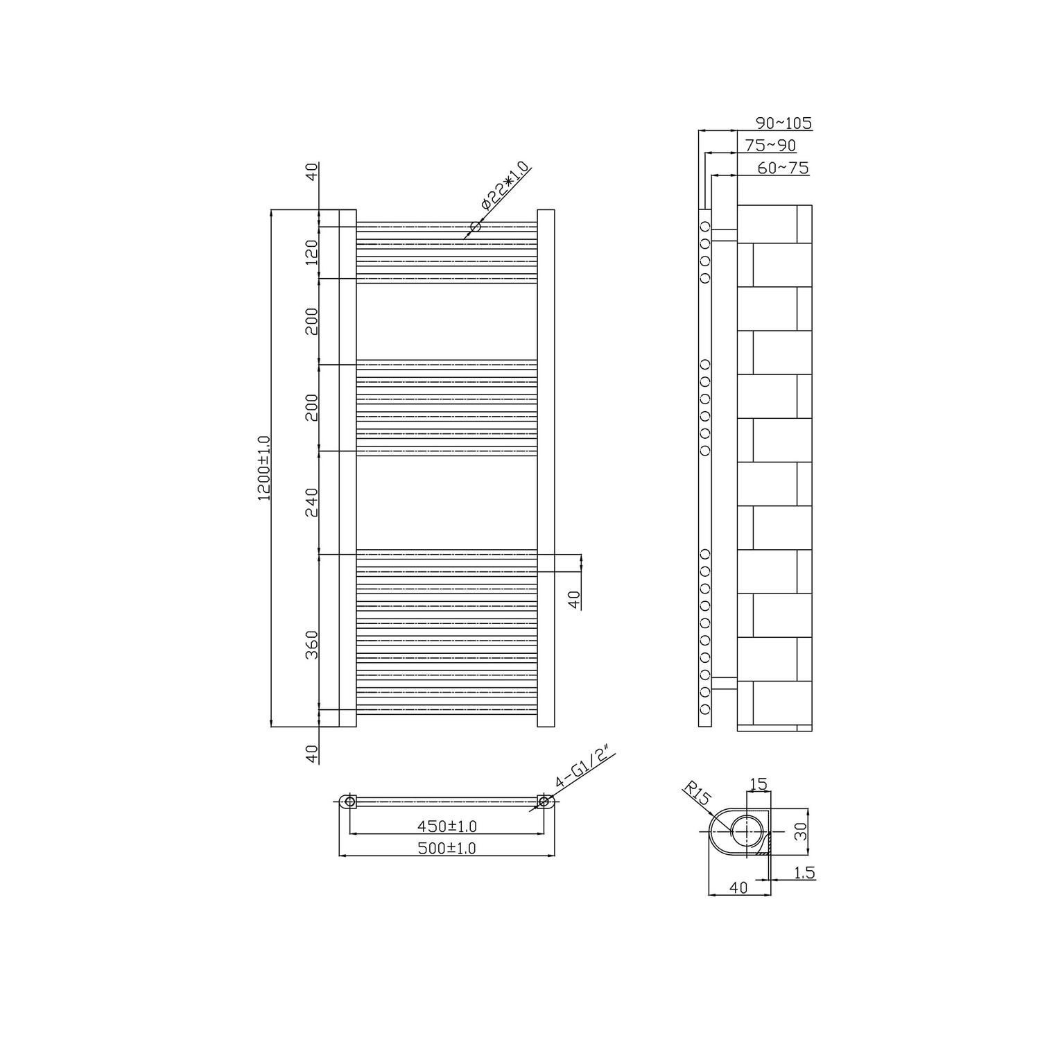 Chrome Straight Vertical Bathroom Towel Radiator - 1200 x 500mm ...