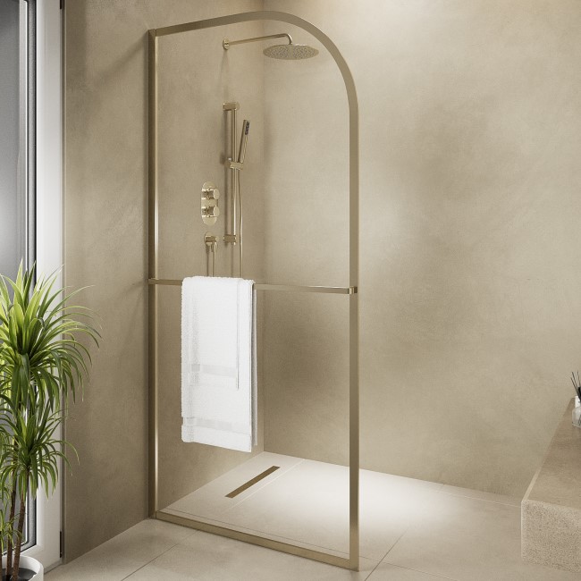 900mm Brushed Brass Arched Wet Room Shower Screen with Towel Rail ...