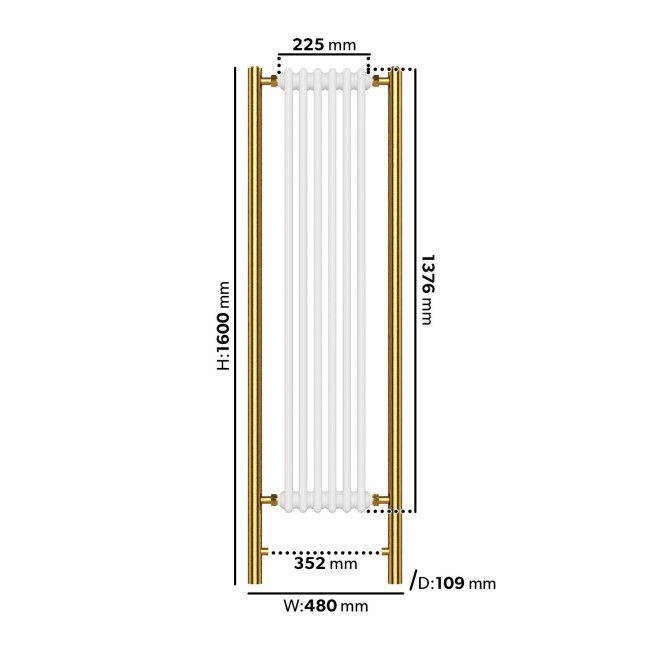 White and Brass Vertical Traditional Column Radiator 1600 x 480mm ...