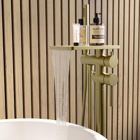 Brushed Brass Freestanding Bath Shower Mixer with Shelf - Savannah ...