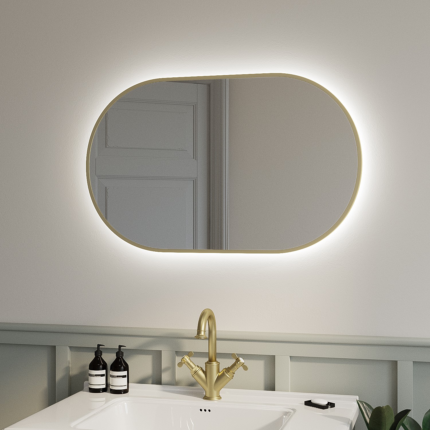 Oval Brass Backlit Heated Bathroom Mirror with Lights 500 x 800mm ...