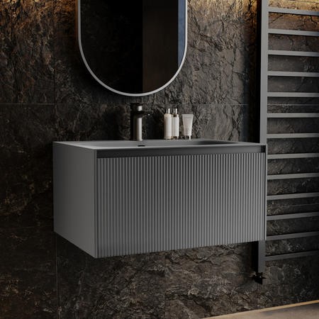 700mm Grey Fluted Wall Hung Vanity Unit with Aluminium Basin - Venice ...