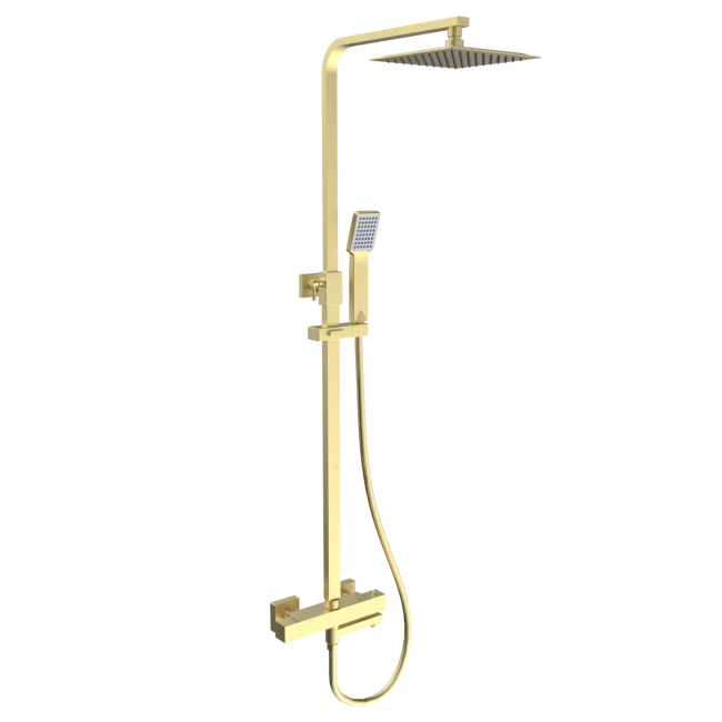 Brushed Brass Square Thermostatic Bar Bath Mixer Shower Set with Slide ...