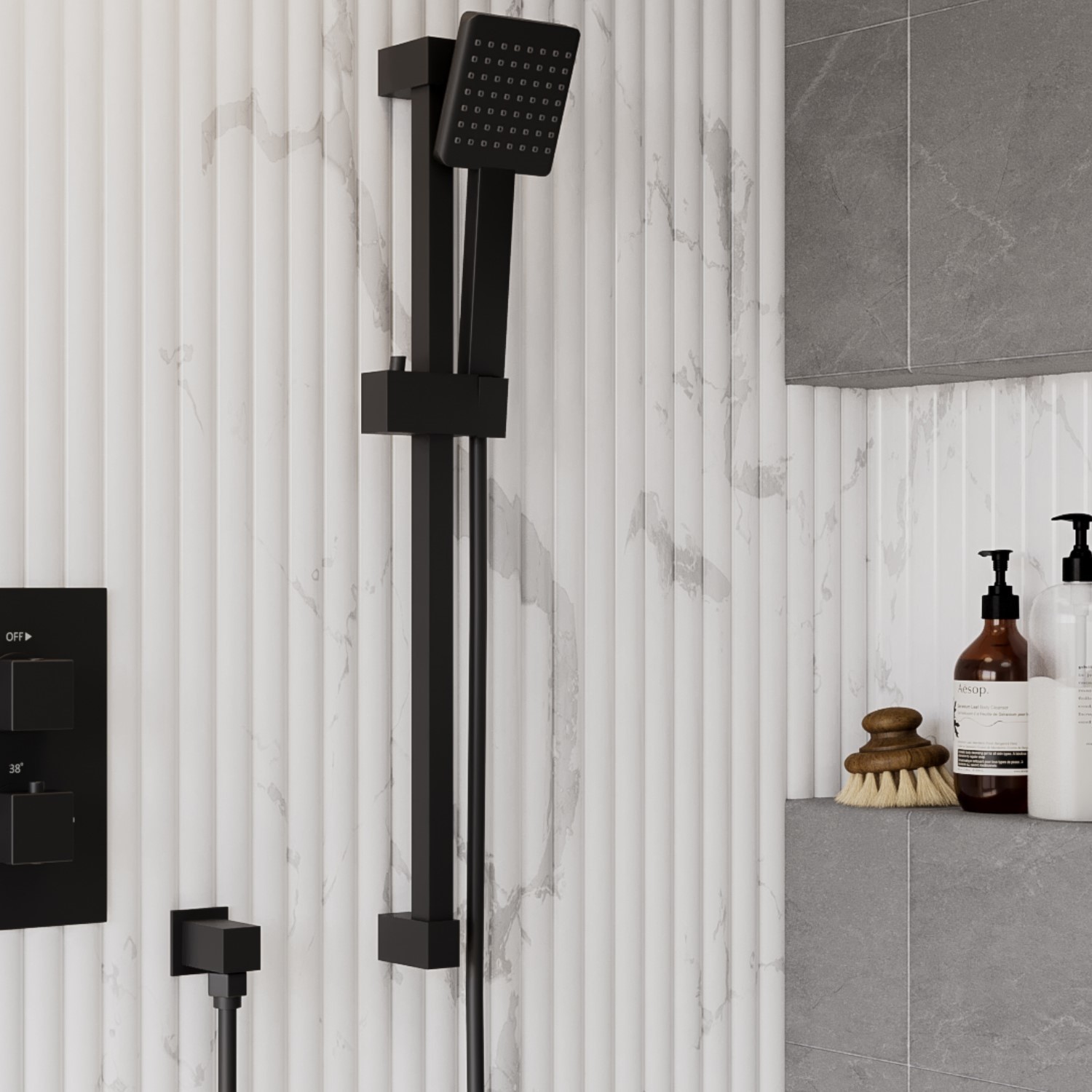 Black Square Adjustable Height Slide Rail Kit with Hand Shower - Zana ...